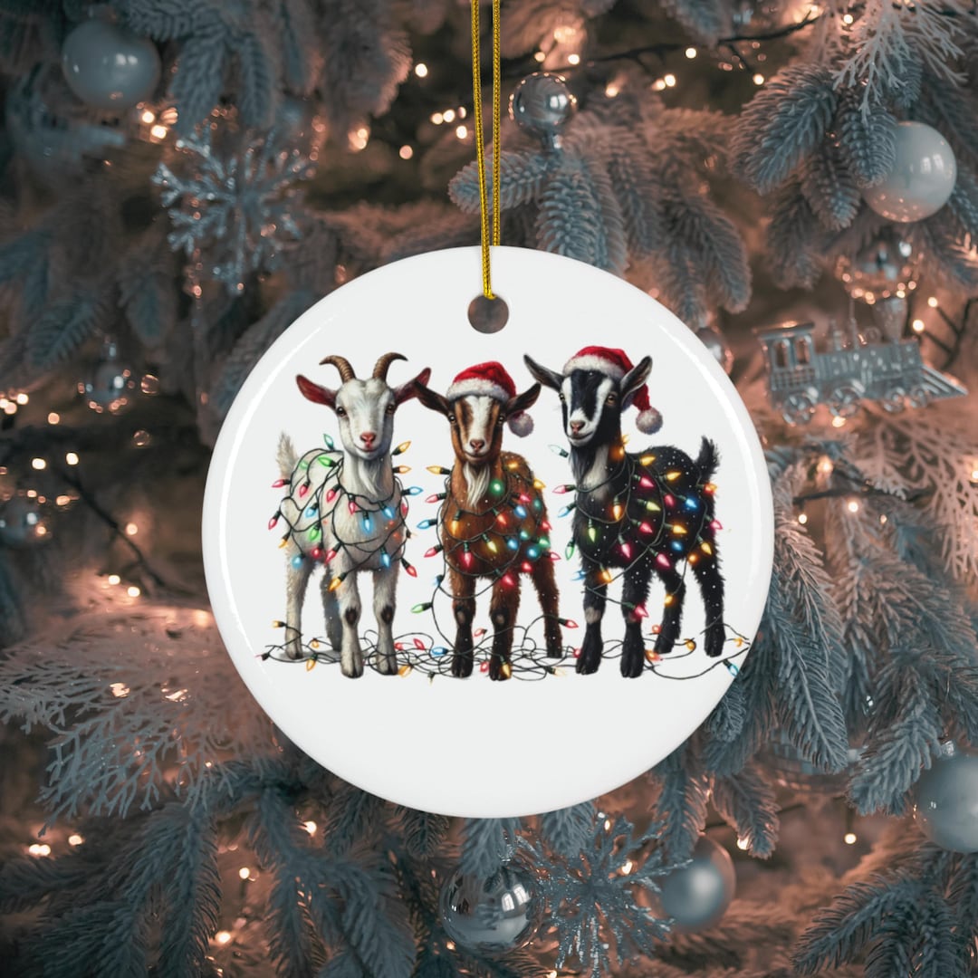 Christmas Baby Goats Tangled in Tree Lights Ceramic Ornament Cute Farm ...