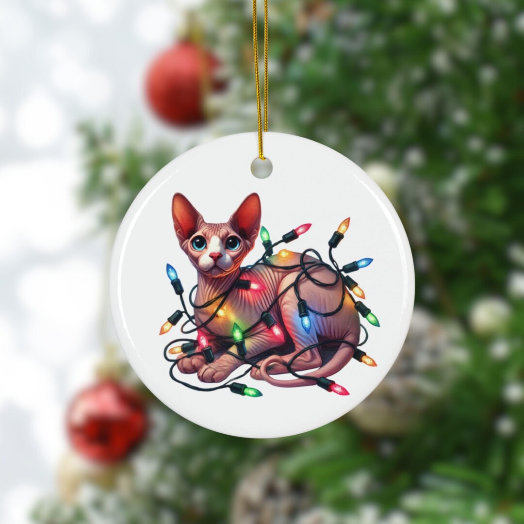 Sphynx Cat Christmas Ornament Tangled in Lights Ceramic Ornament Cute ...