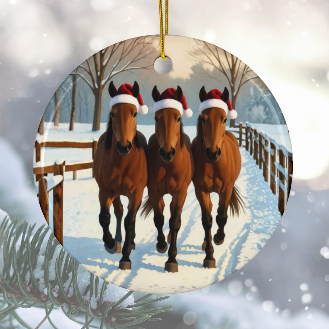 Christmas Chestnut Horse Trio in Santa Hats Ceramic Ornament ...