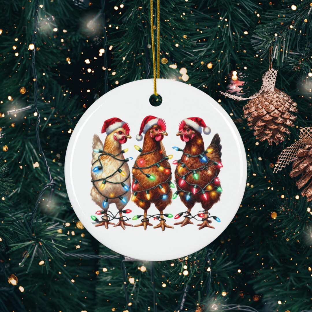 Christmas Hens Trio Lovely Chickens Tangled in Tree Lights Ceramic ...