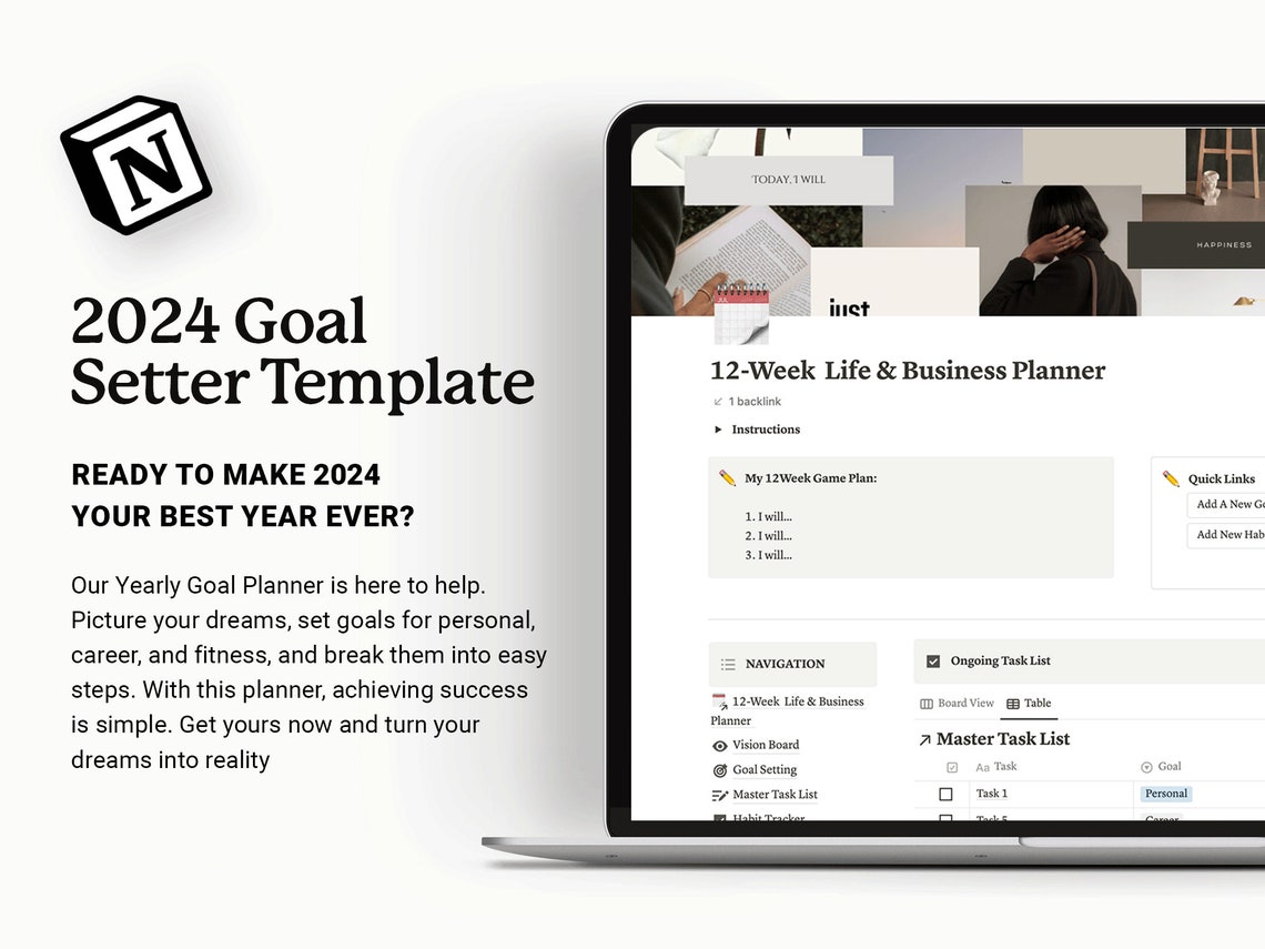 2024 Notion Goals Planner Template, Digital Notion Goal Habit Tracker Template, Lifestyle ...