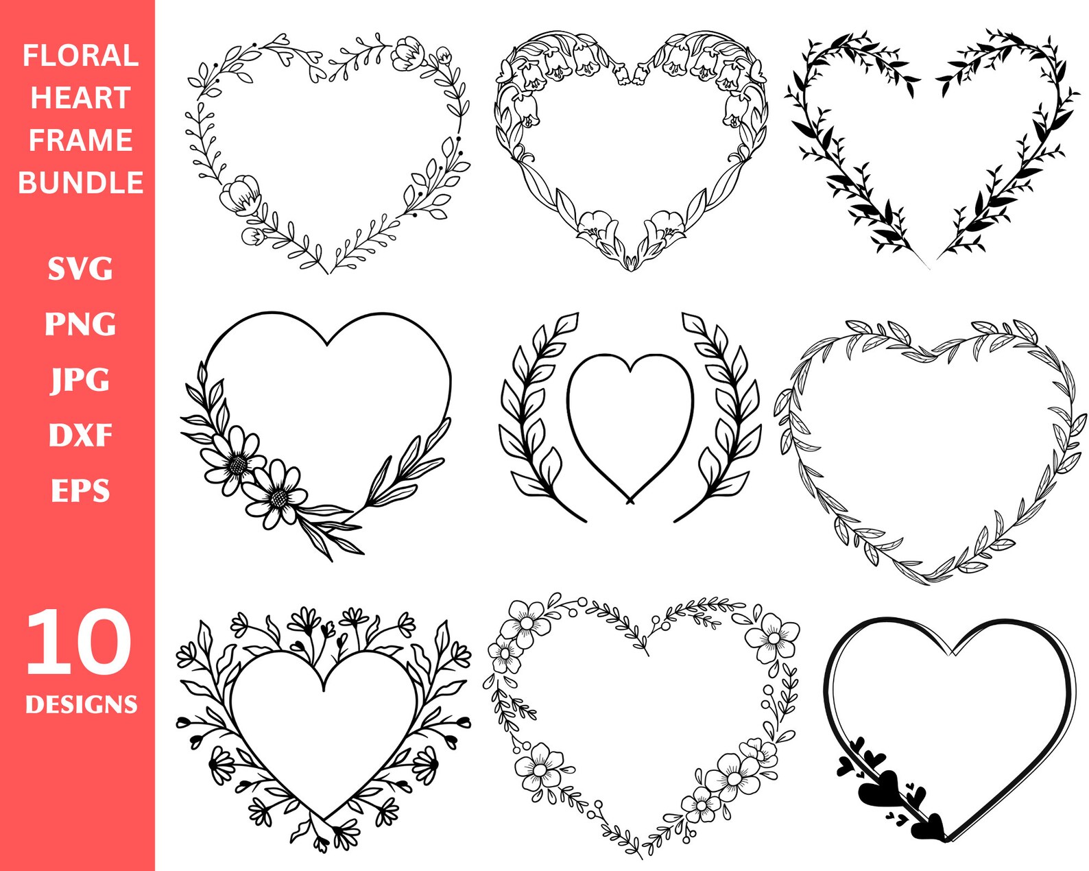10 Designs Floral Heart Frame Svg Bundle, Floral Heart Png Bundle ...