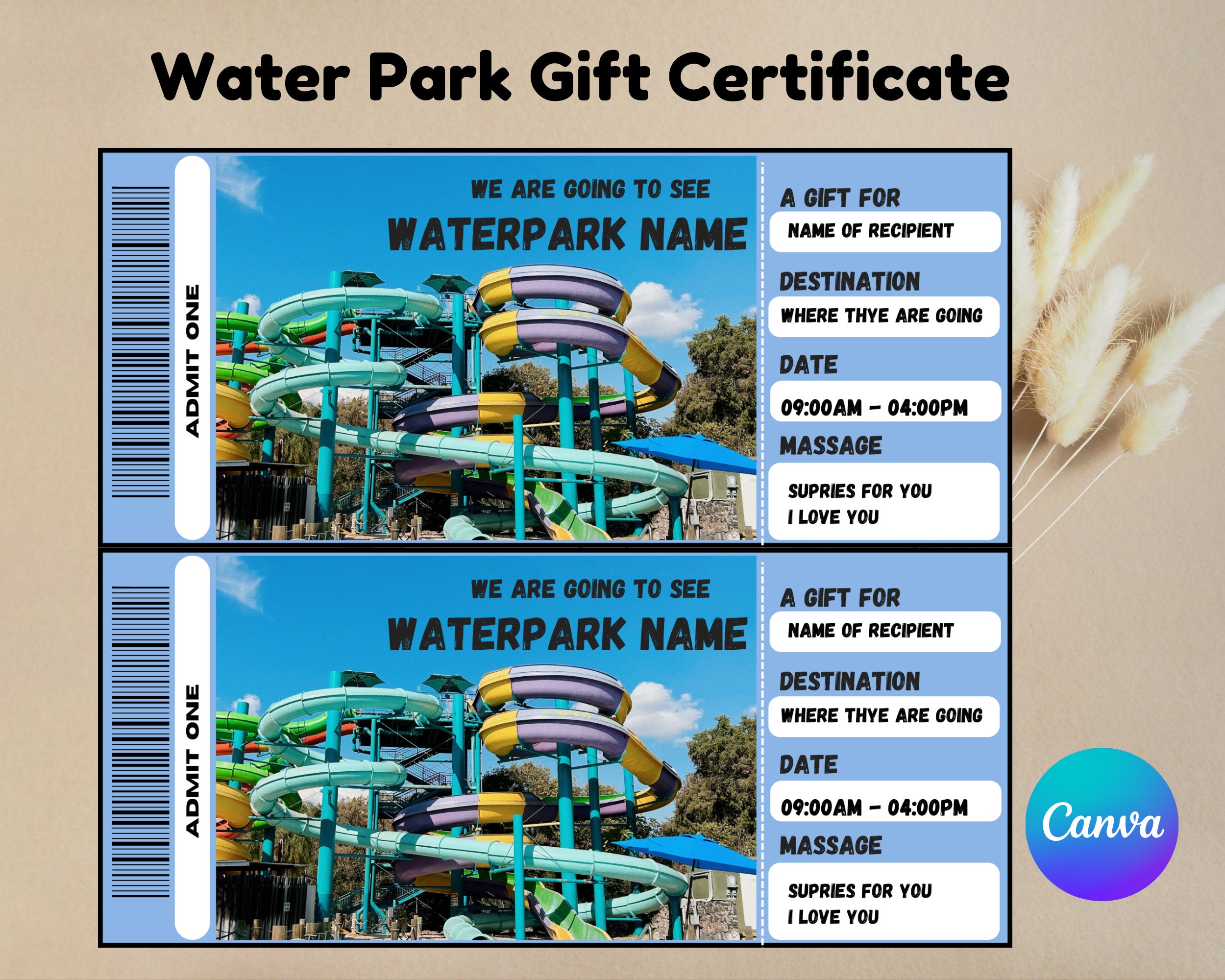 Water Park Ticket Template, Water Park Surprise Gift Voucher, Ticket ...