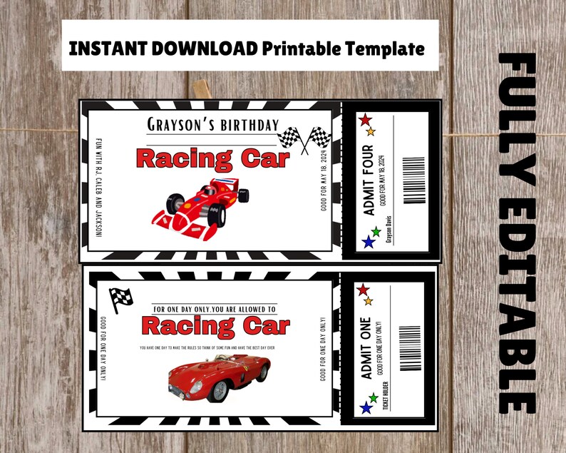 Race Car Ticket Template, Race Car Party, Race Car Birthday, Coupon ...