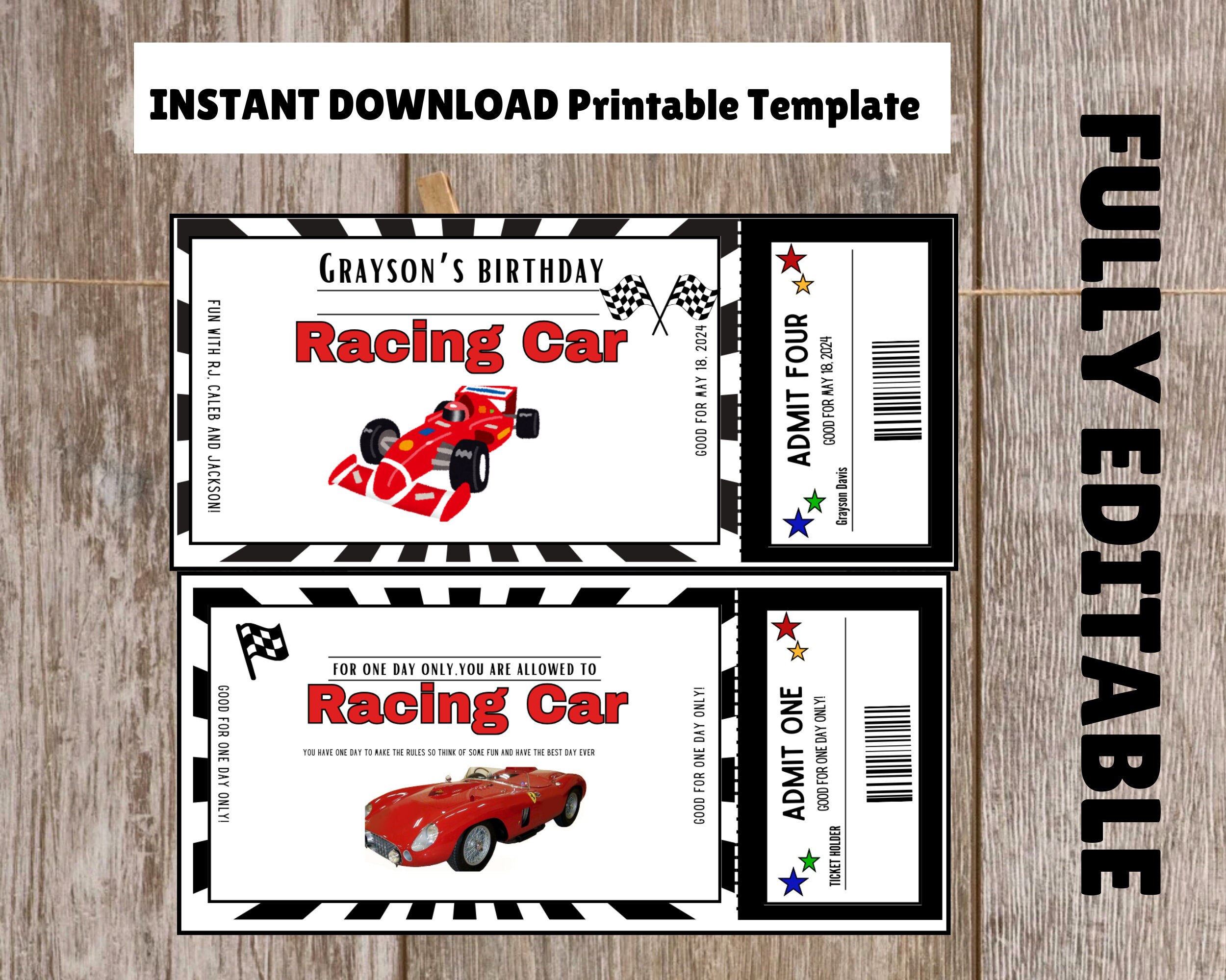 Race Car Ticket Template, Race Car Party, Race Car Birthday, Coupon ...