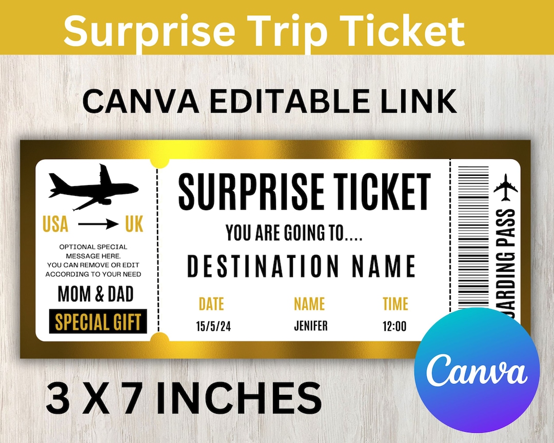Printable Surprise Trip Ticket Template, Gift Ticket, Boarding Pass, Editable Trip Ticket ...