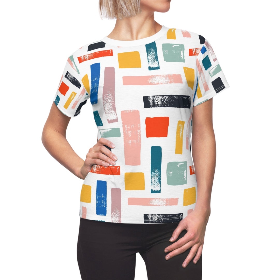 Woman's Abstract Print Top, Abstract Print Tee, Multicolor Print Tee ...