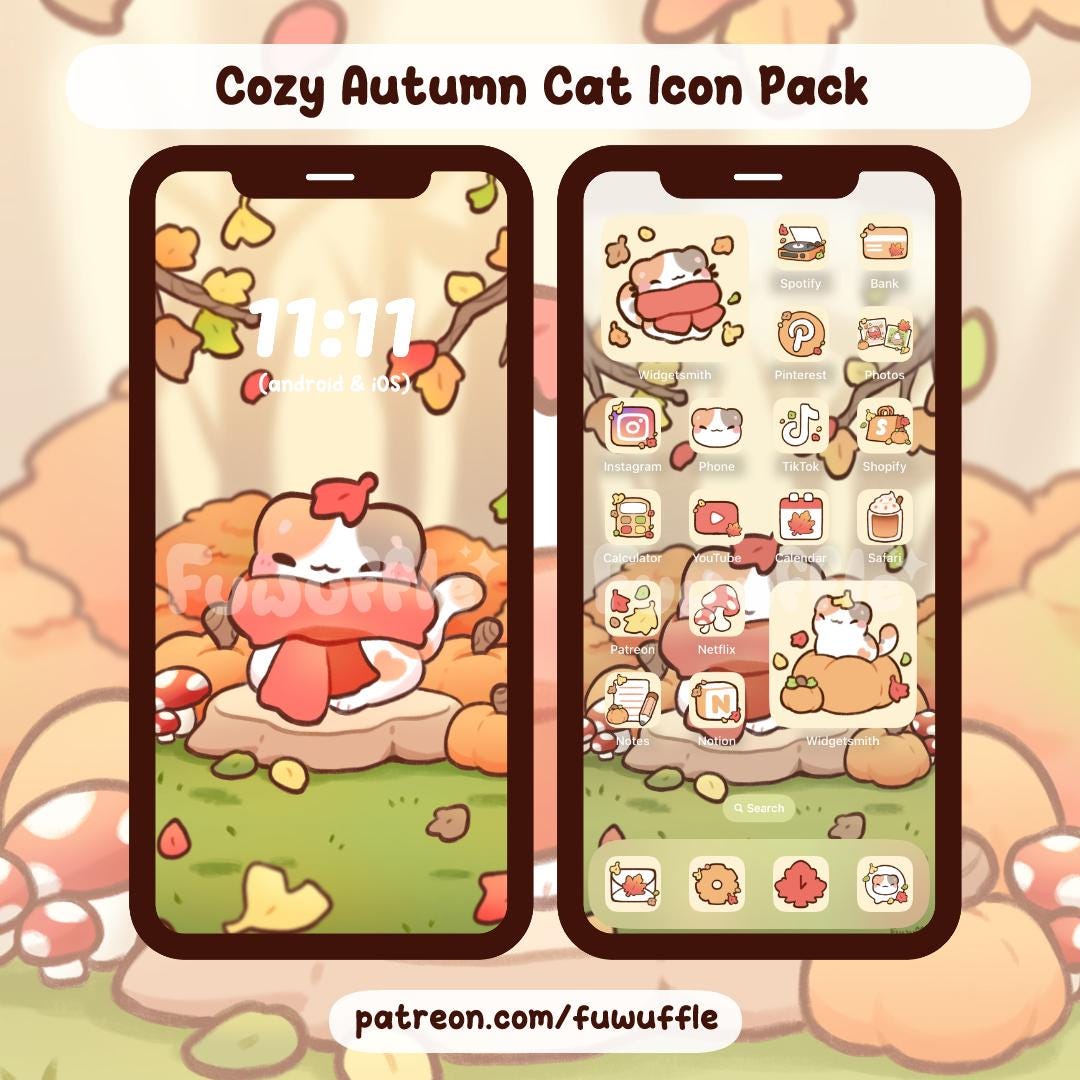 Cozy Autumn Cat Icon Set, Cute Icons, Ios Android App Icons, Wallpapers ...