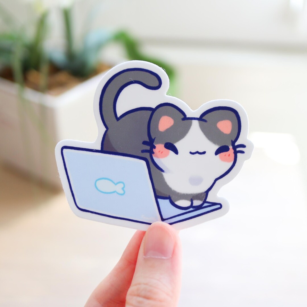 Laptop Cat Vinyl Sticker Cute Kawaii Cat Sticker, Work From Home Cat ...
