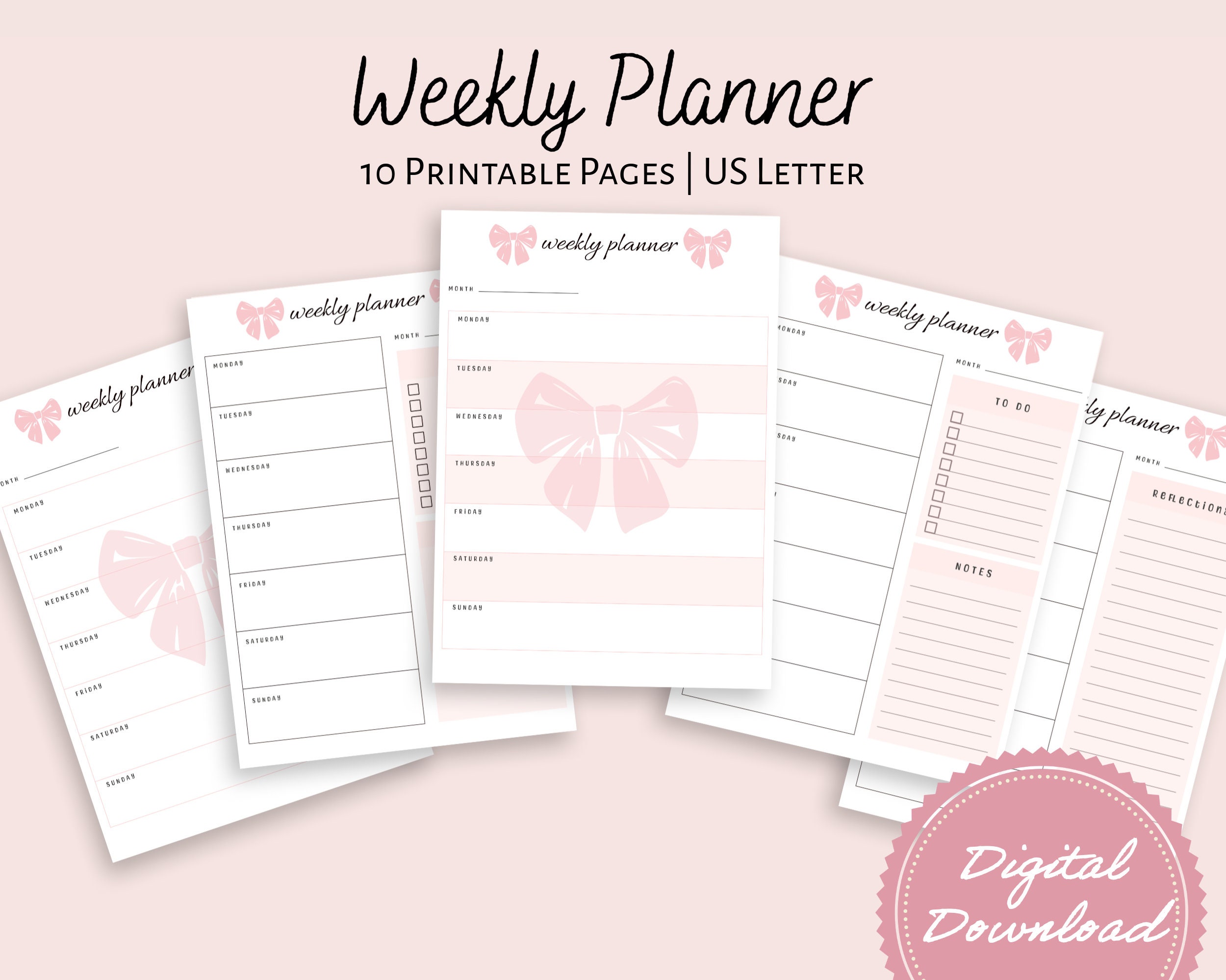 Cute Coquette Pink Bow Weekly Planner Printable Pink Weekly Schedule ...