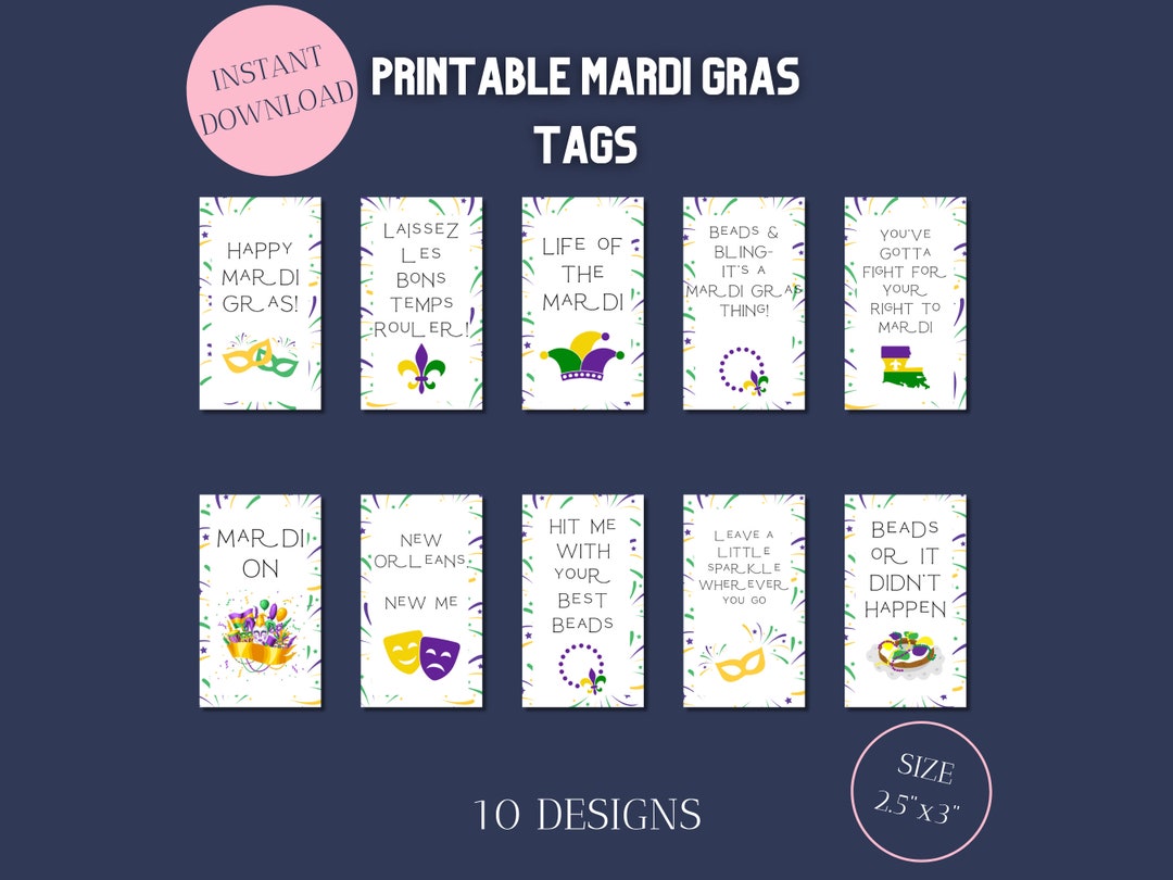 Printable Mardi Gras Tags Digital Download Fat Tuesday Gift Tags ...