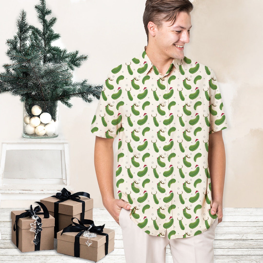Men's Holiday Shirt With Christmas Pickle Santa and His Reindeer on ...