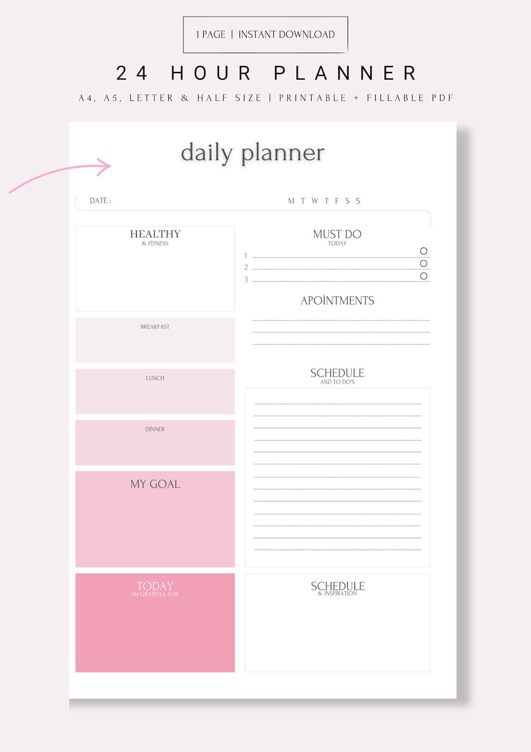 24 Hour Daily Planner Printable Daily to Do List for Work / - Etsy