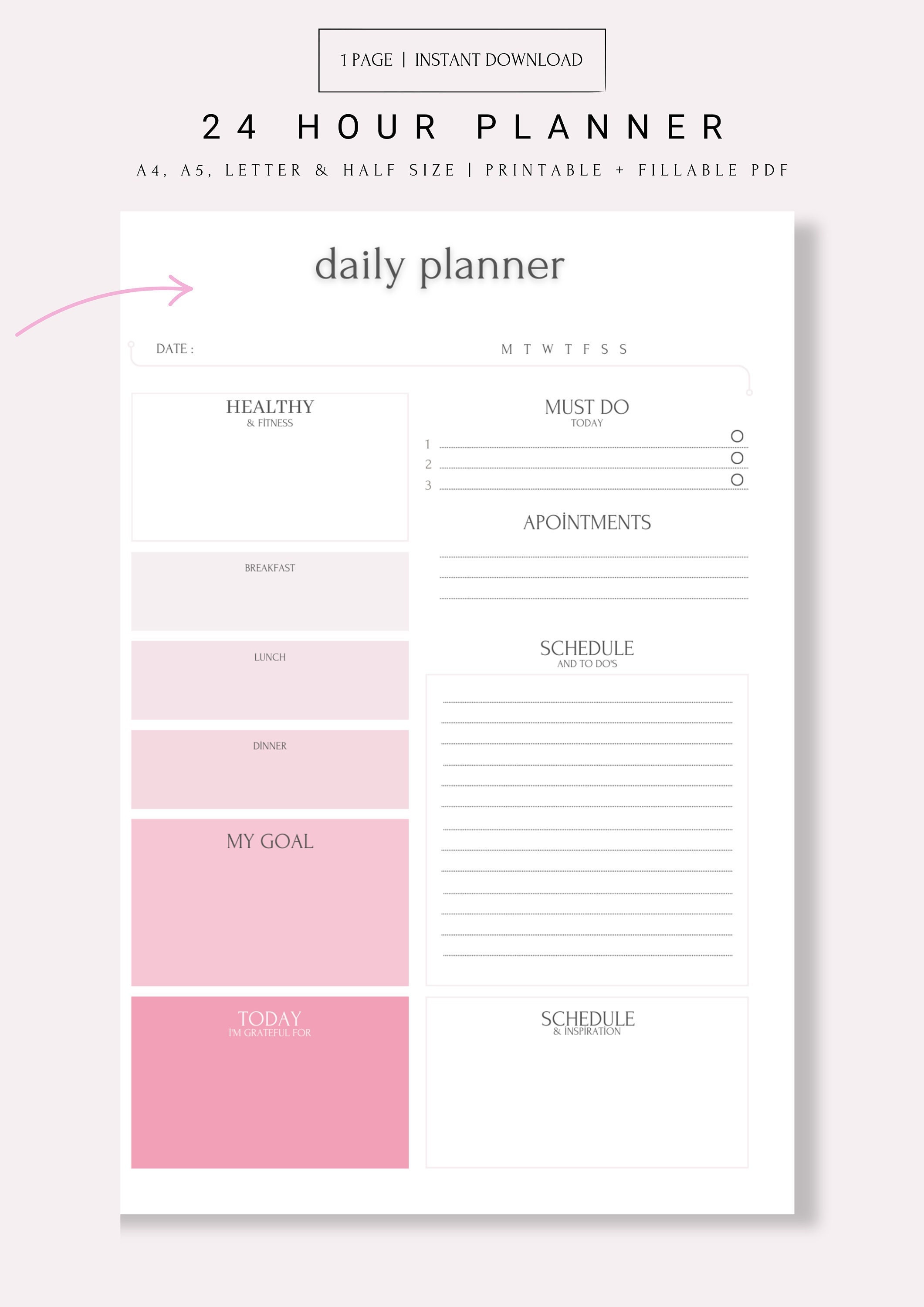 24 Hour Daily Planner Printable Daily to Do List for Work / - Etsy