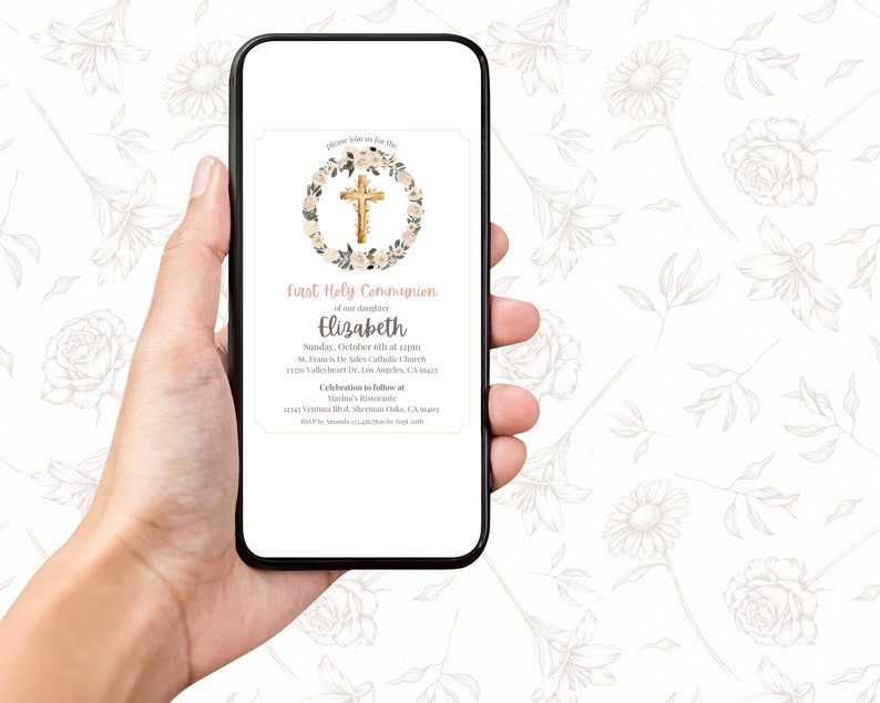 First Holy Communion Invitation Template With Floral Cross for Girl ...