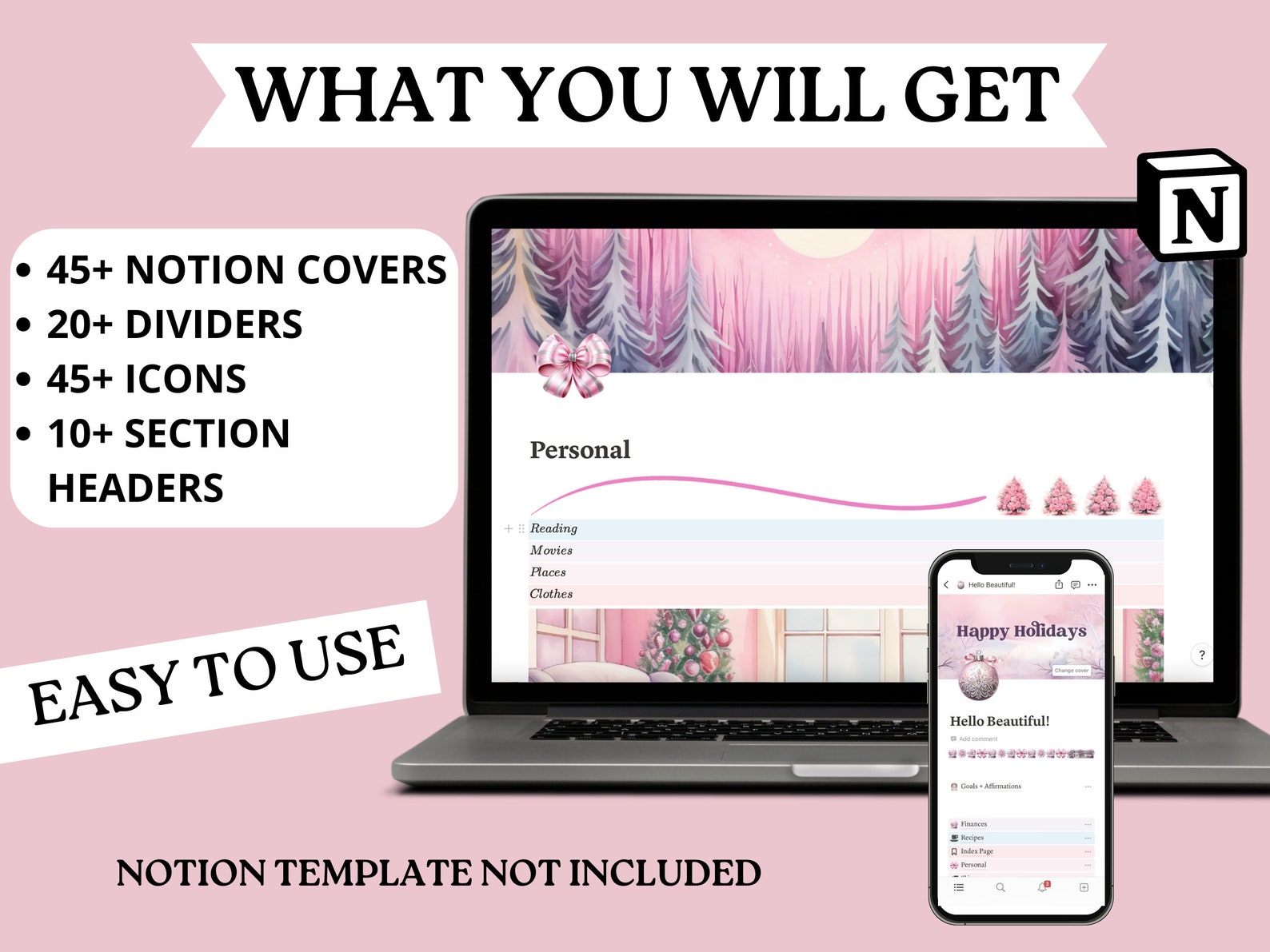 Pink Christmas Printable, Notion Template, Digital Notion Template, All ...