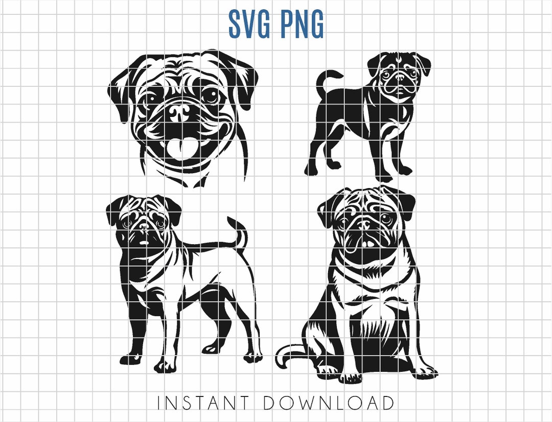 Pug SVG Bundle, Seating Pug Silhouette Bundle, Easy to Cut Pug Face ...