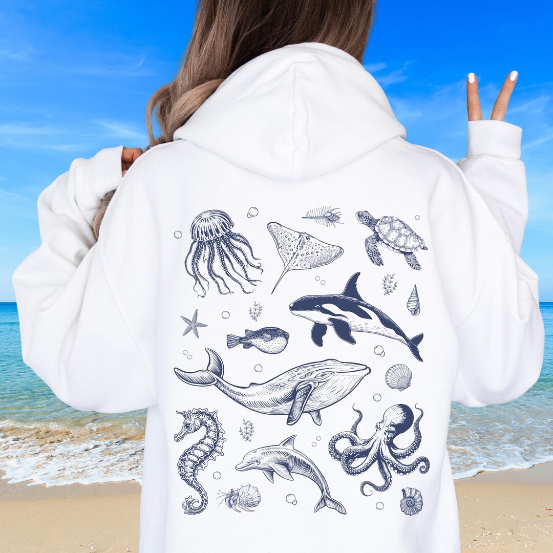 Underwater Sea Animals Hoodie - Vintage Retro Whales Orca Jellyfish ...