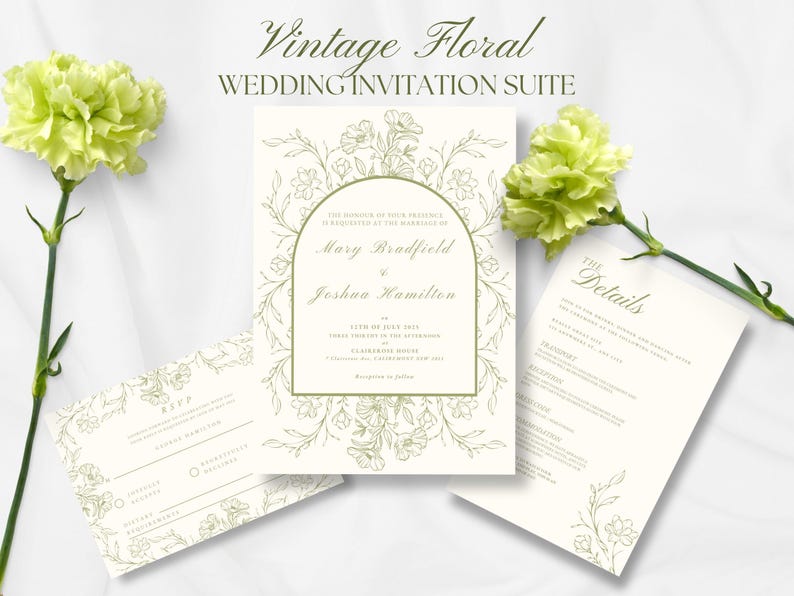 Sage Green Vintage Floral Wedding Invitation Template Set Toile De Jouy ...