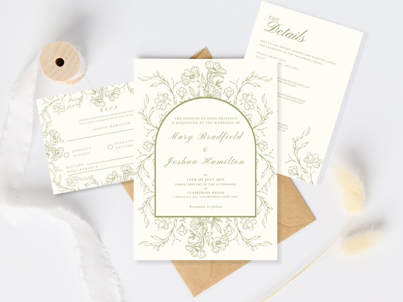 Sage Green Vintage Floral Wedding Invitation Template Set Toile De Jouy ...