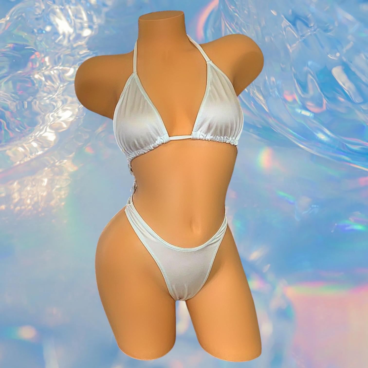 White Retro High Cut Thong Tri Kini Set Stripper Bikini Exotic
