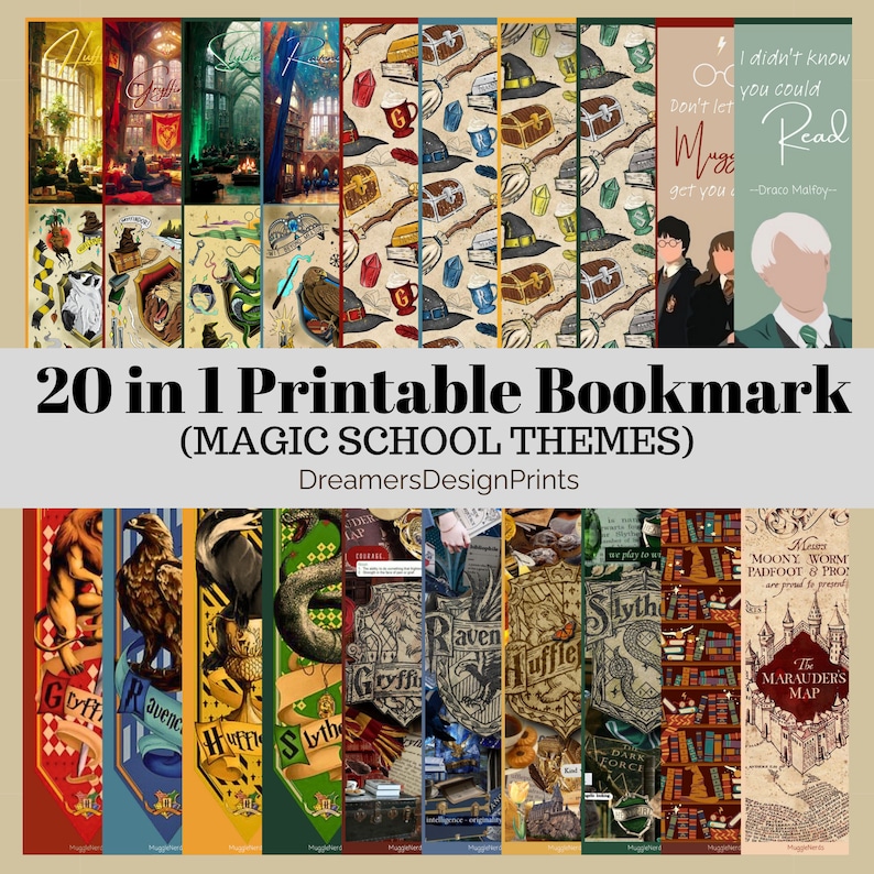 20 in 1 Printable Bookmarks Ready-to-print A4 Sheet (PDF) Magic School ...