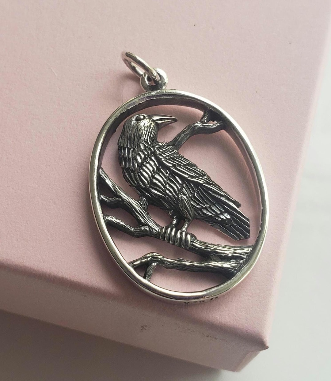 Sterling Silver Raven Pendant in Oval Frame Talisman Charm, Nature ...