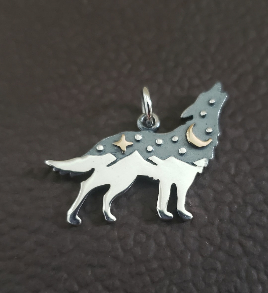 Sterling Silver Wolf Charm With Bronze Star and Moon, Engraved Backside ...