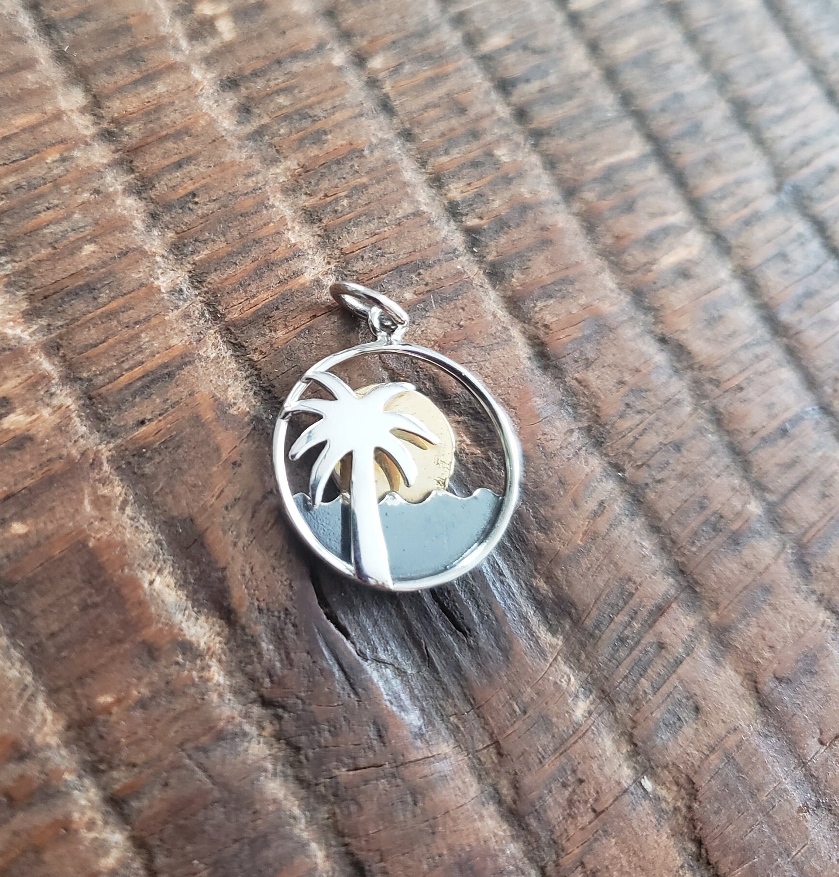 Sterling Silver Palm Tree and Ocean Sun Charm, Tropical Beach Landscape ...