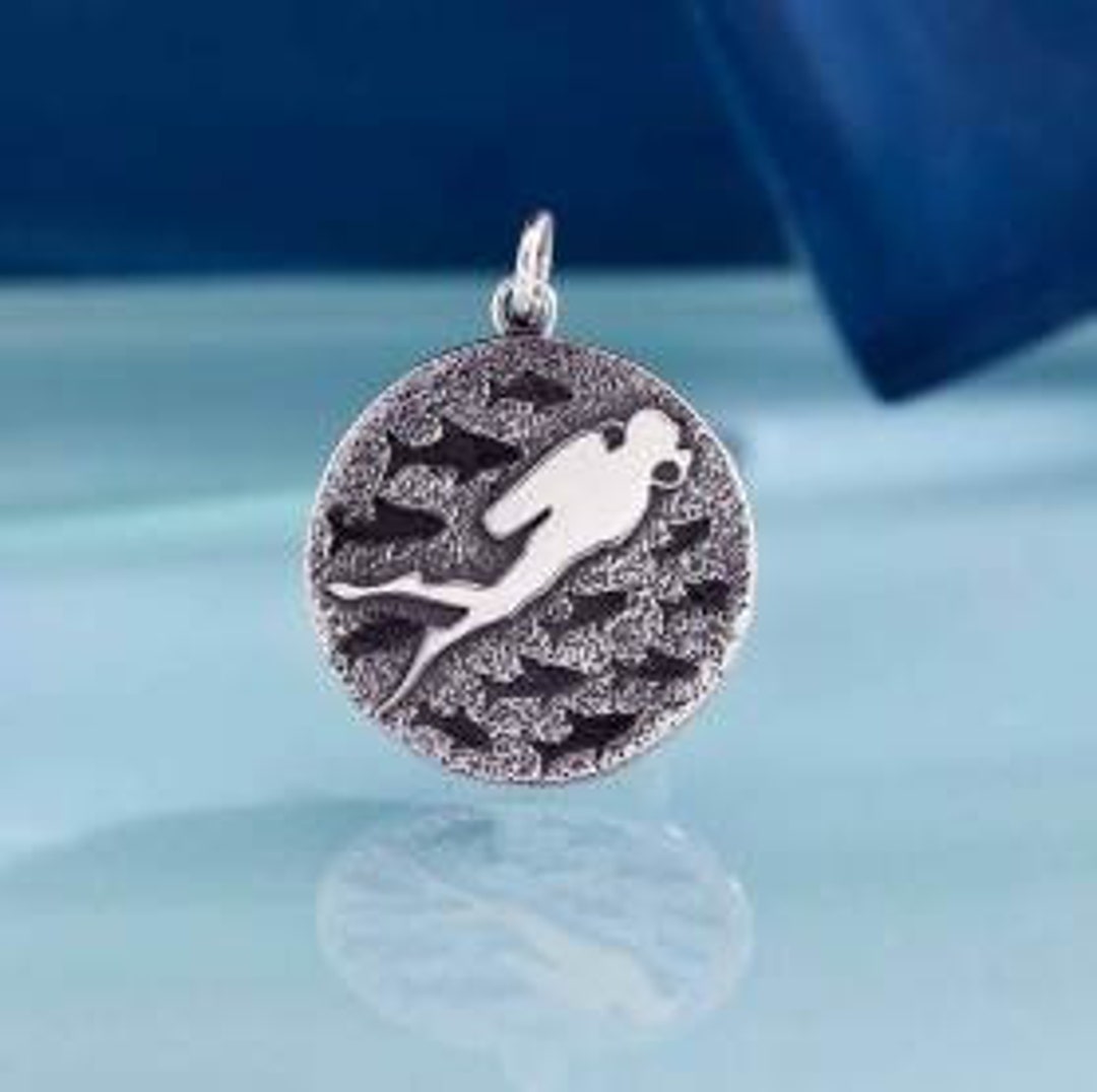 Sterling Silver Diver and Fish Charm, Swimmer Diving Pendant Beach ...