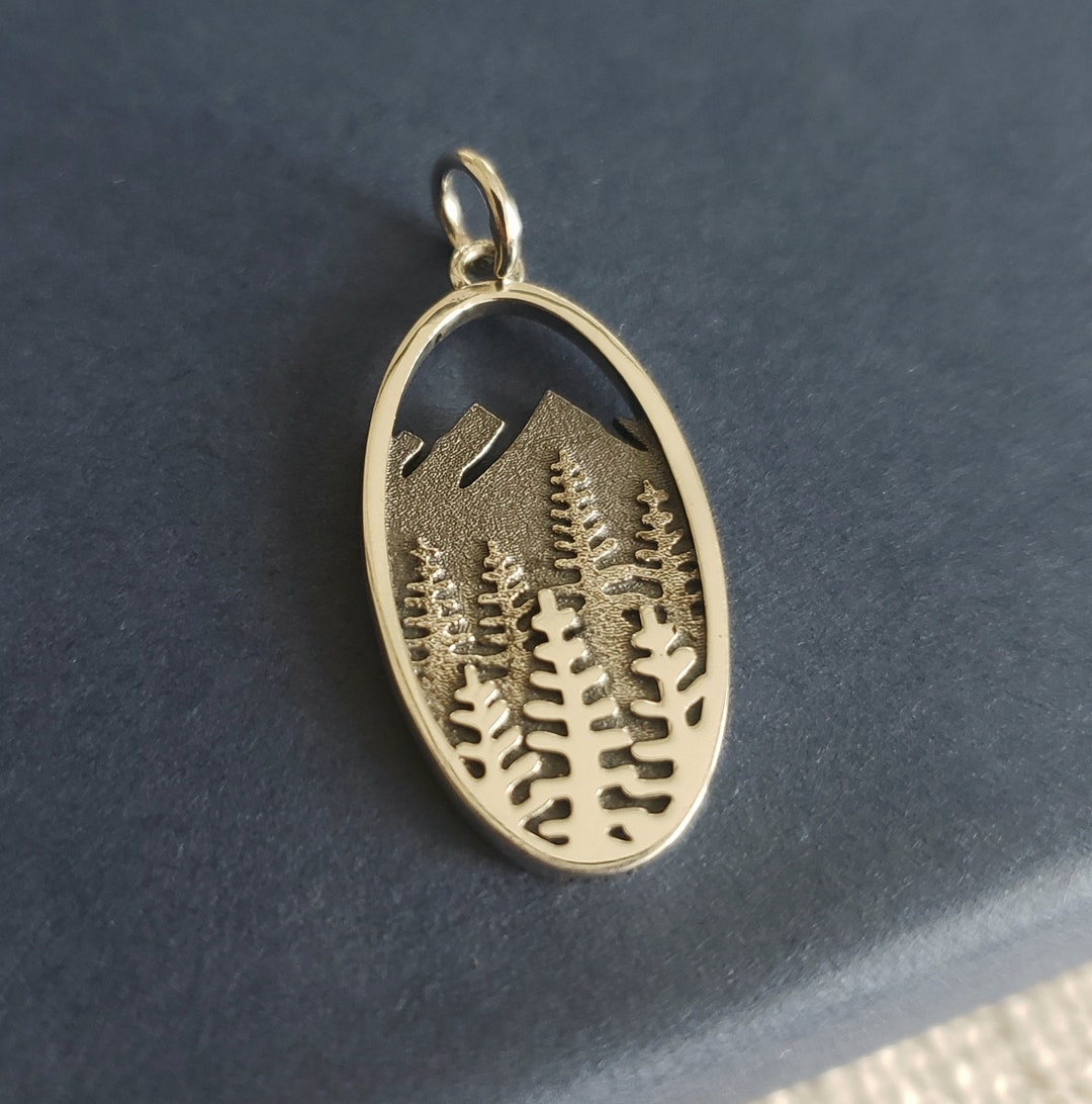 Sterling Silver Layered Trees and Mountains Oval Charm Nature Travel ...