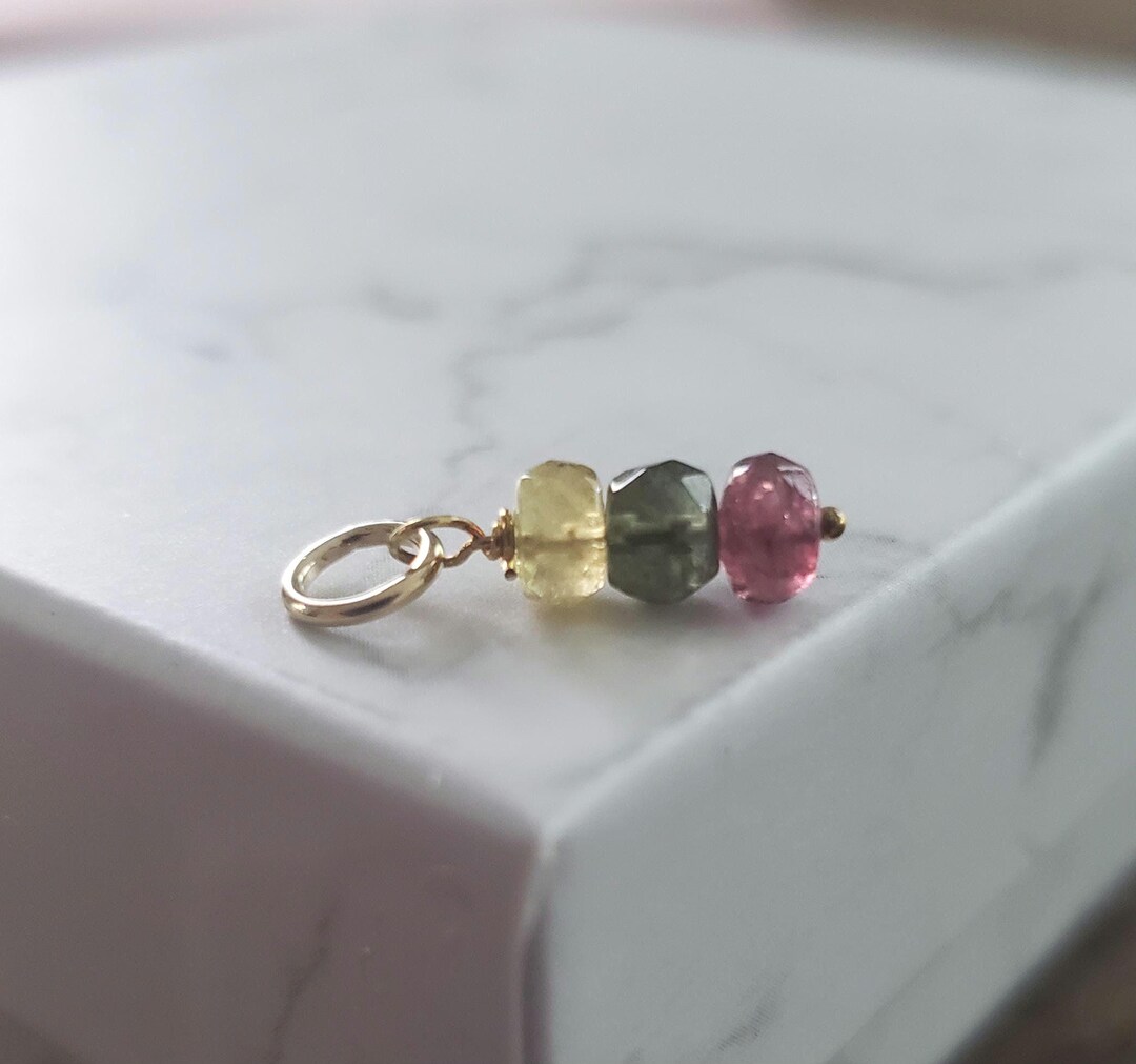 Three Stacked Tiny Gemstone Dangle Charm, Birthstone Rondelle Teeny ...
