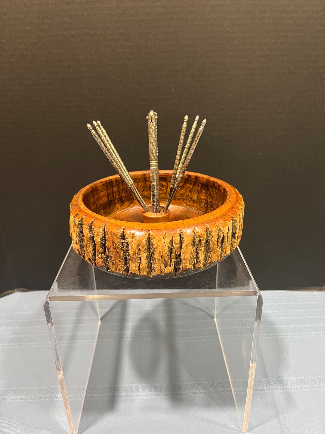 Vintage Rustic Footed Tree Bark Nut Bowl With Cracker and 6 Picks Felt ...