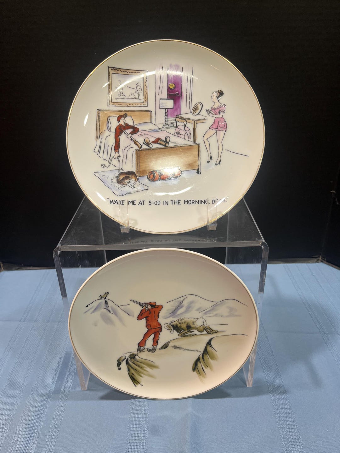 Vintage Set of 2 Comical American Hunter Gold Rimmed Plates - Big Horn ...