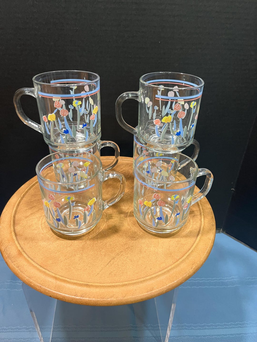 Vintage Luminarc Set of 6 Spring Garden Glass Mugs - Floral - Blue ...