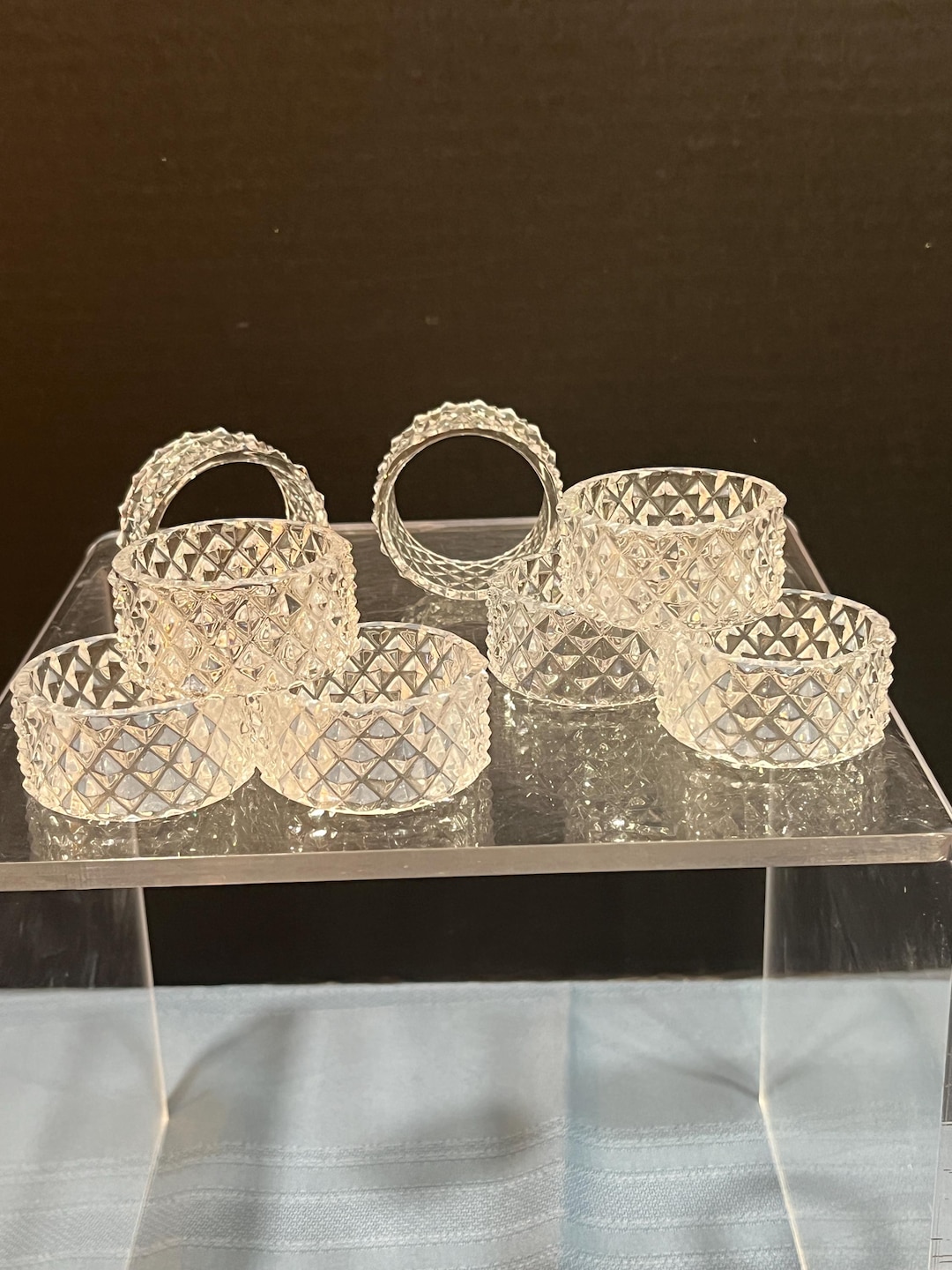 Vintage Diamond Cut Glass Round Set of 8 Napkin Rings - Buffums ...