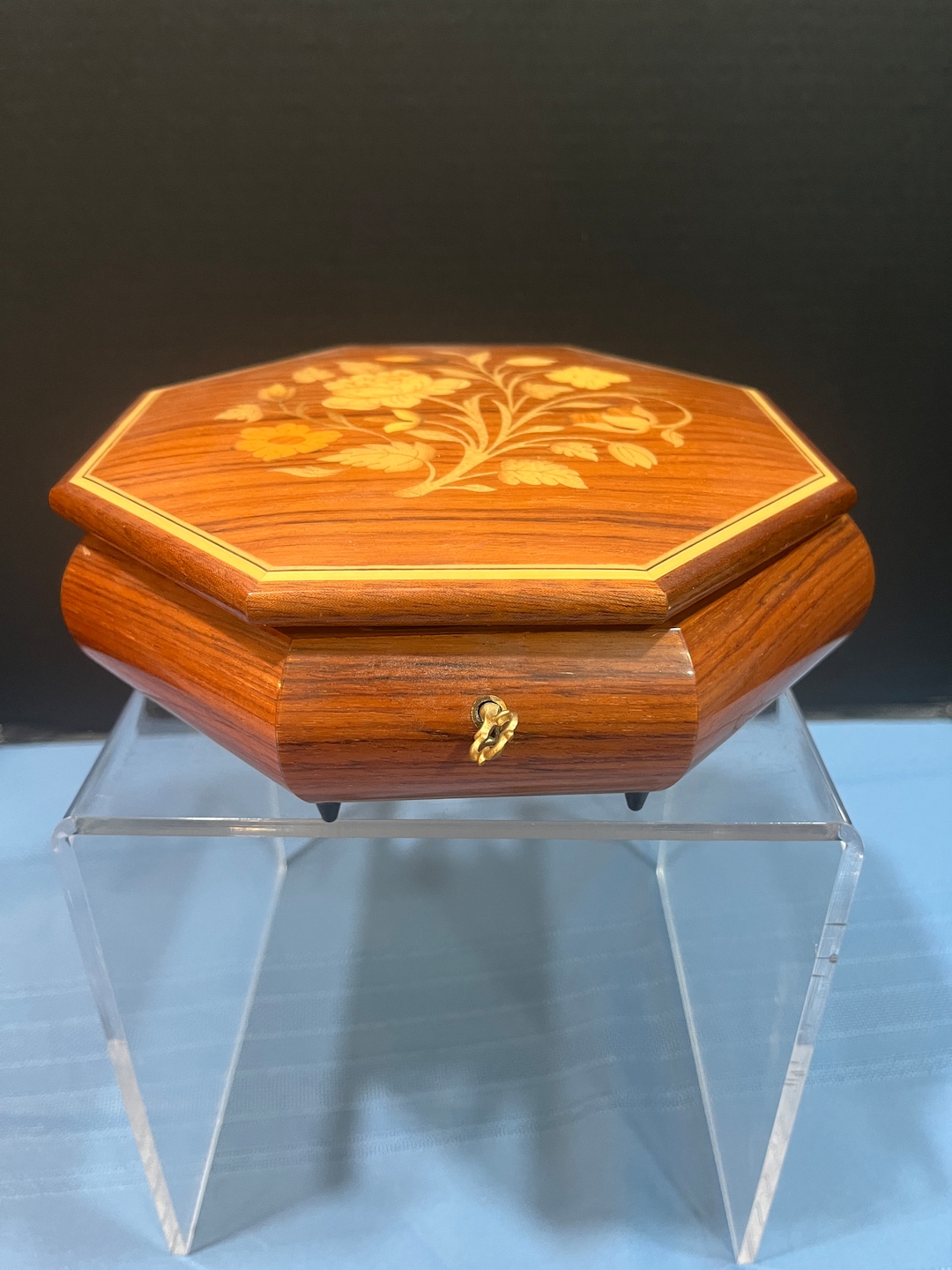 Vintage Reuge Octagonal Wood Inlay Flowered Music Jewelry Box - With ...