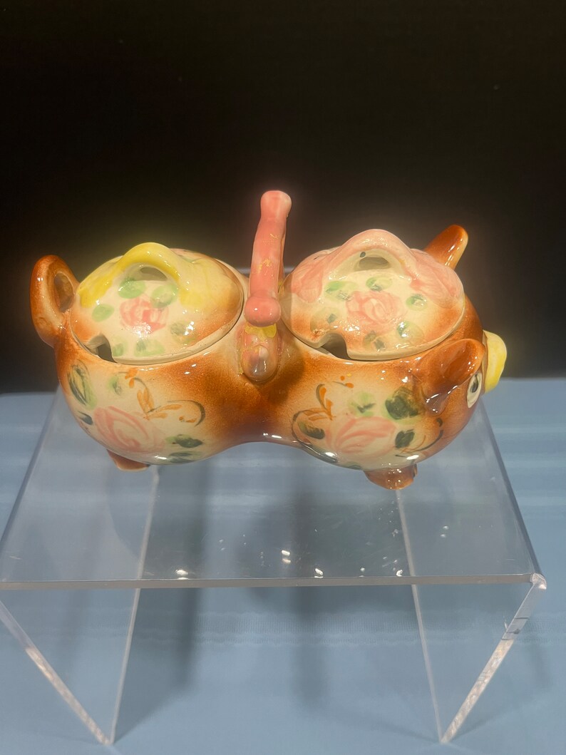 Vintage Flowered Pig or Piggy Dual Jelly or Condiment Lidded Ceramic ...