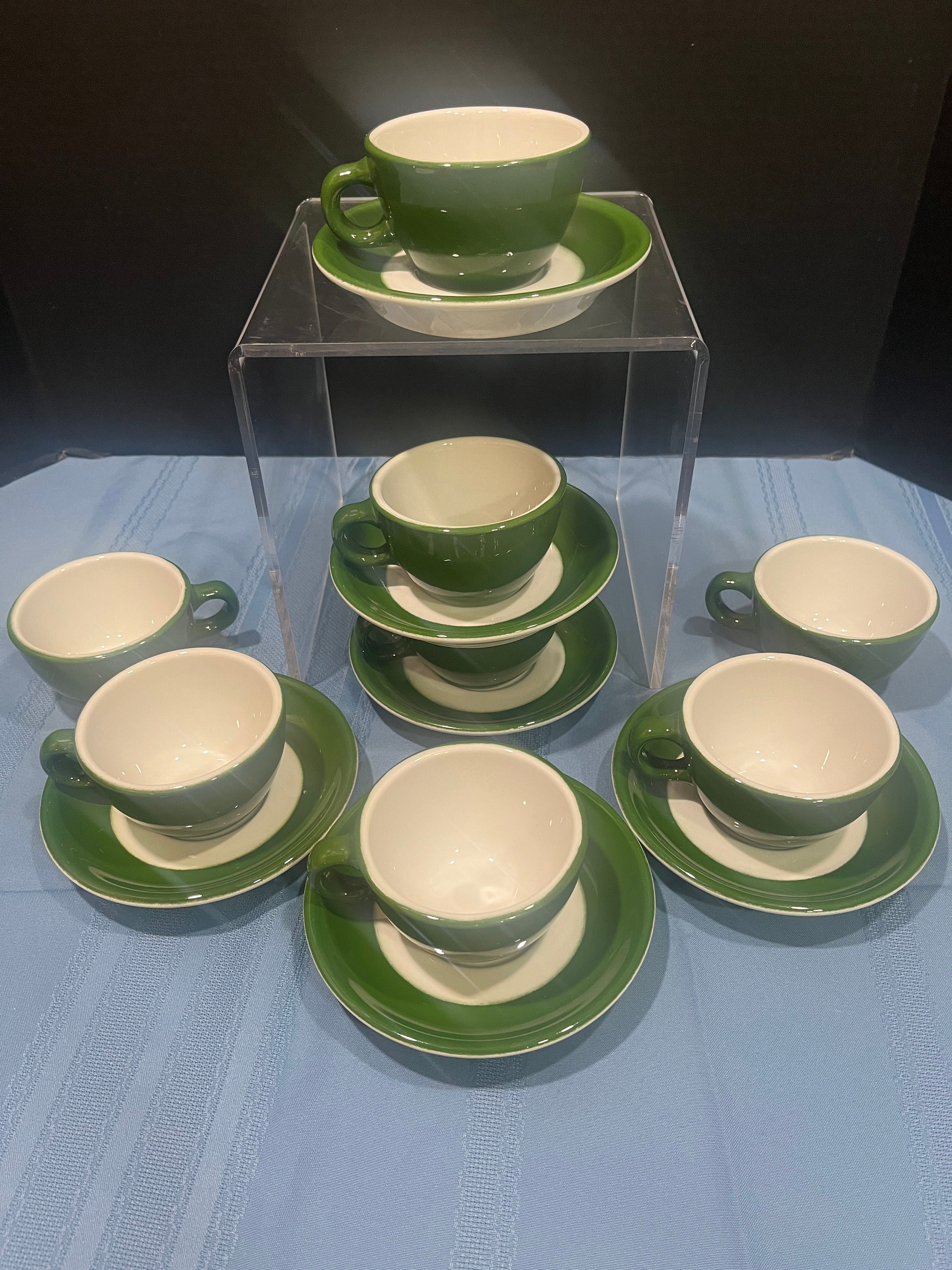 Vintage RARE 14 Piece Shenango China Deep Green Cups and Saucers 8 Cups ...