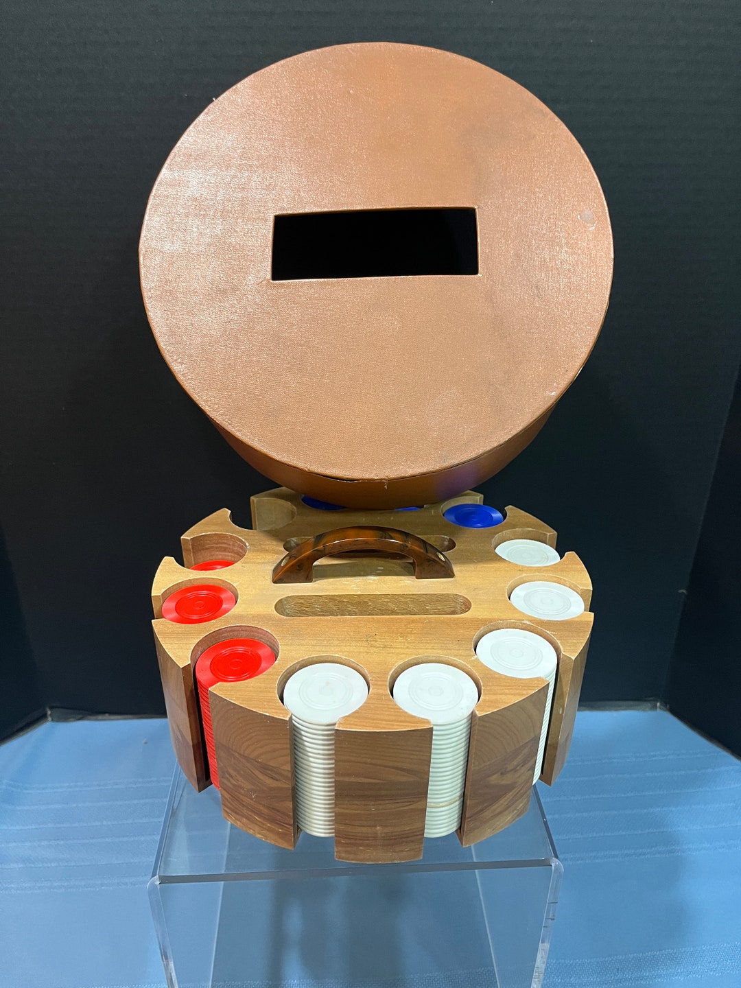 Vintage X Large Wood Poker Chip Carousel W Tortoise Shell Lucite Handle ...