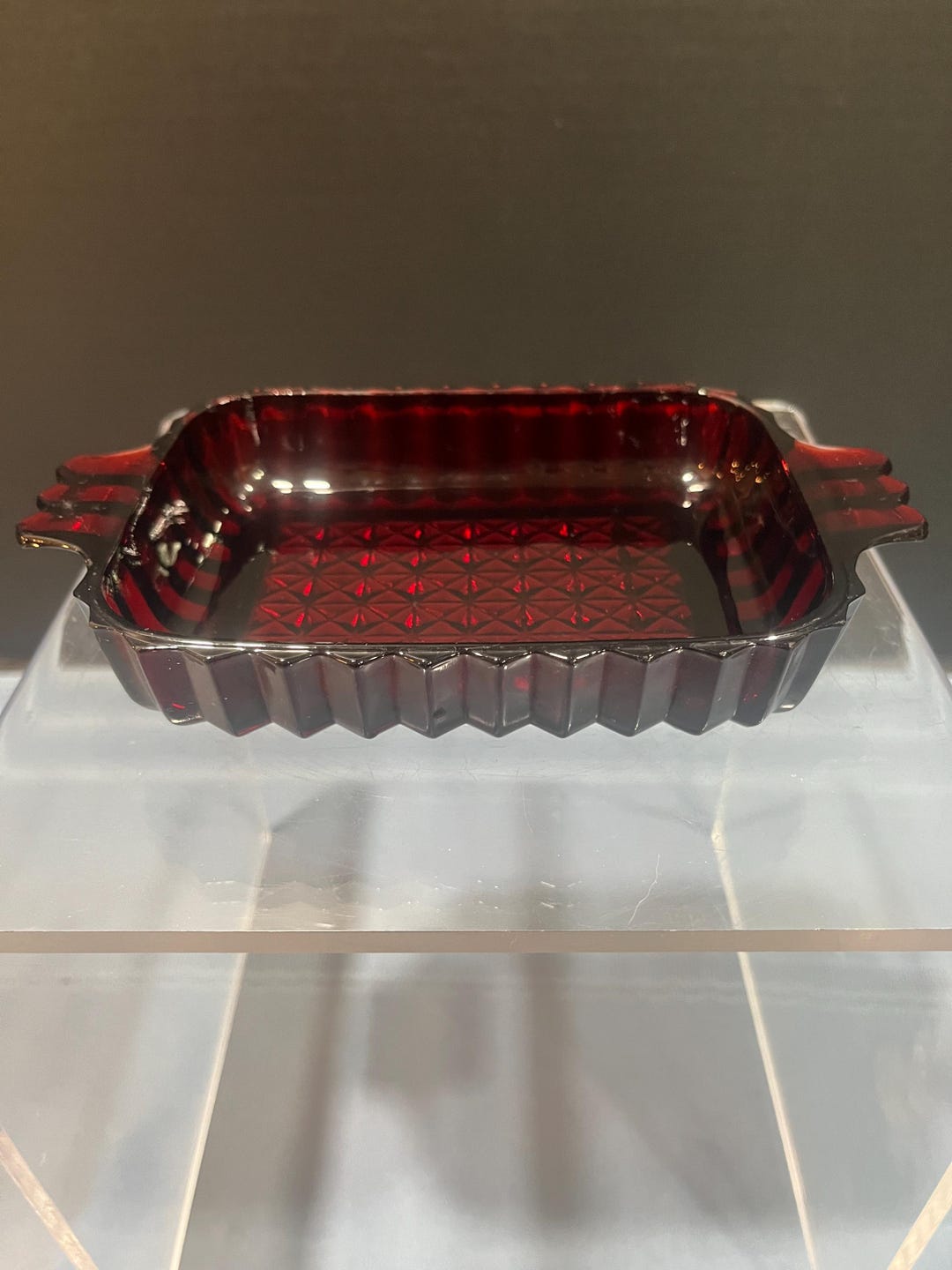 Vintage Anchor Hocking Ruby Red Scallop Handle Relish Dish - Ribbed ...