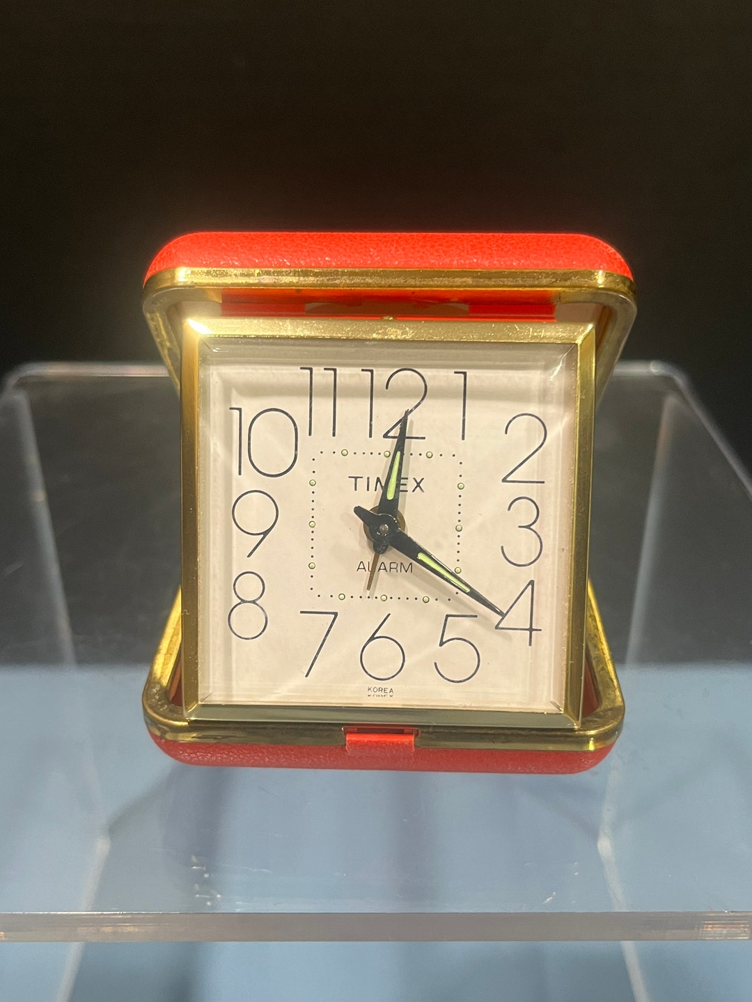 Vintage Timex Red Shell Case Wind-up Folding Alarm Clock Working Glow ...