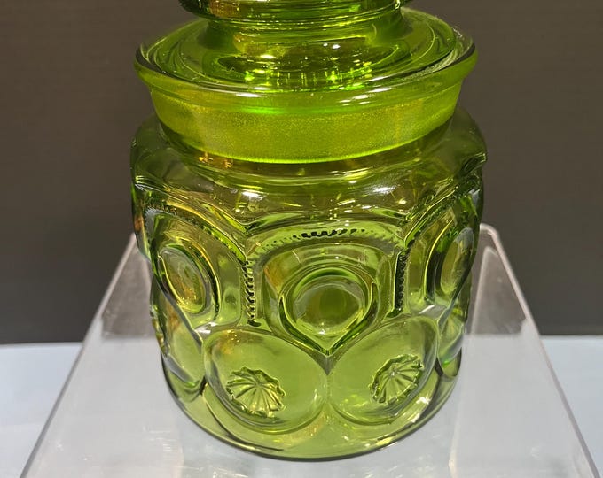 Vintage L.E. Smith Moon and Stars Pattern Green Glass Lidded Jar or ...