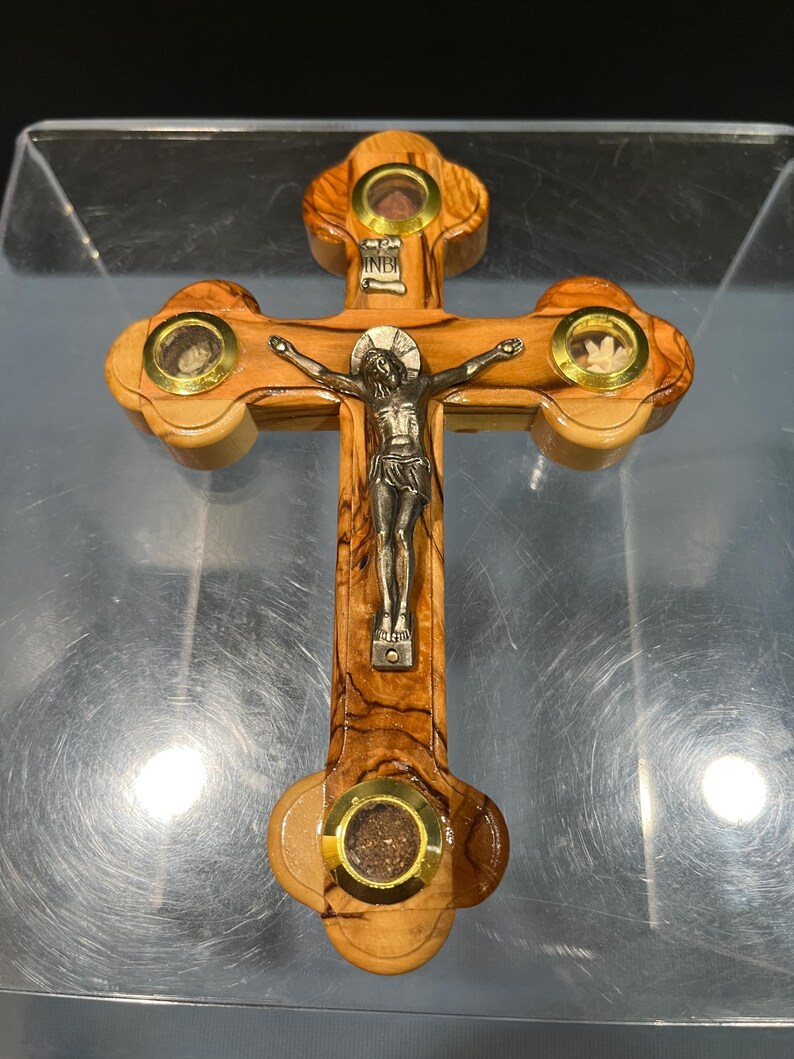 Vintage Olive Wood Cross - Budded Wall Cross W/ 4 Lenses - Rose Petals ...