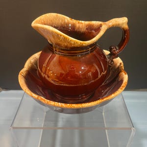 Vintage Mc Coy Pottery Brown Drip Glaze Pitcher and Bowl #7528 - 5 1/2 ...