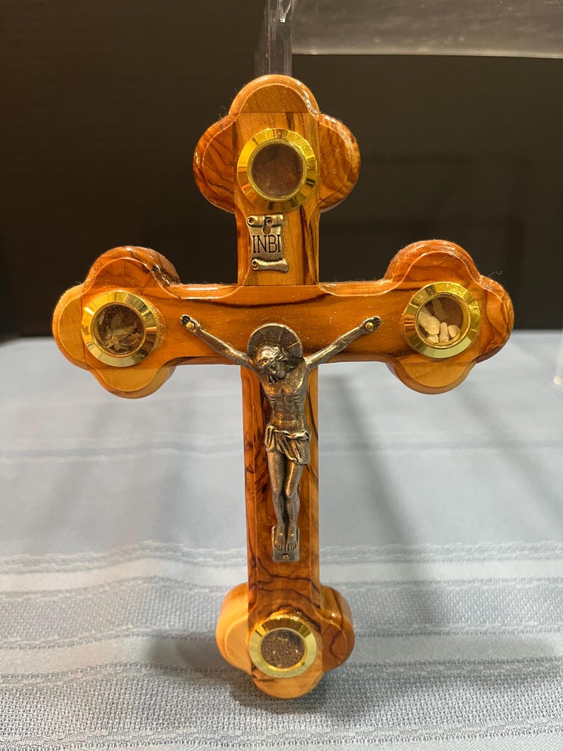 Vintage Olive Wood Cross - Budded Wall Cross W/ 4 Lenses - Rose Petals ...