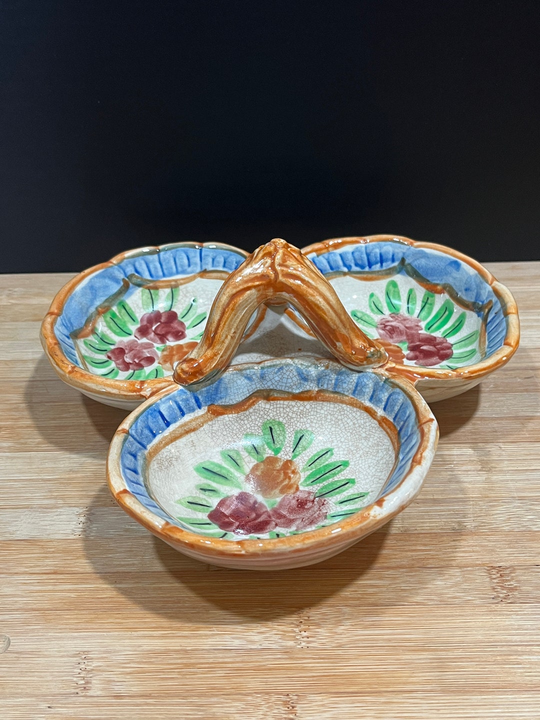 Vintage Japanese 3 Compartment Relish/candy/snack Ceramic Hand-painted ...
