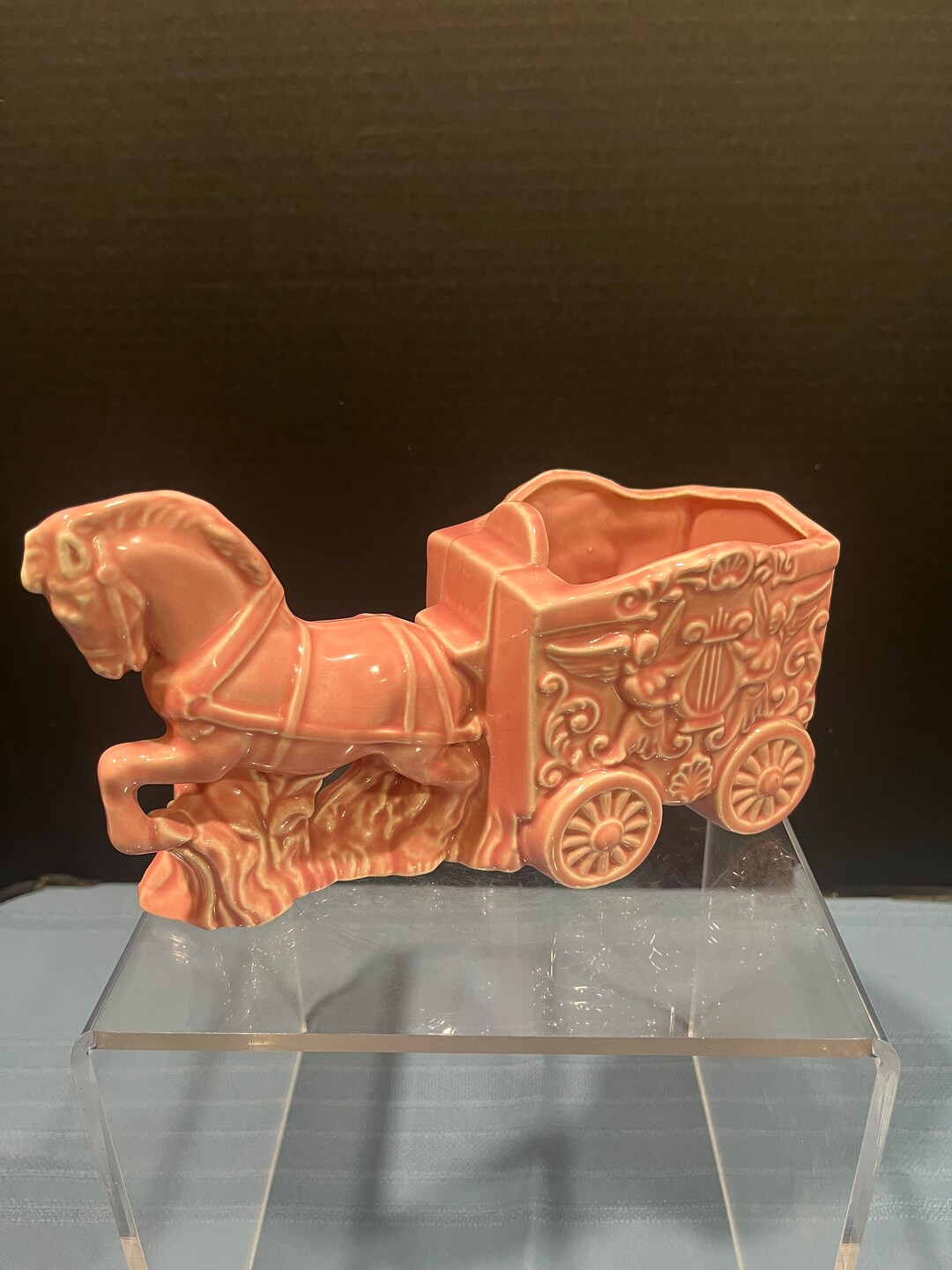 Vintage MCM Pink Galloping Horse Pulling Carriage Planter - Angels With ...