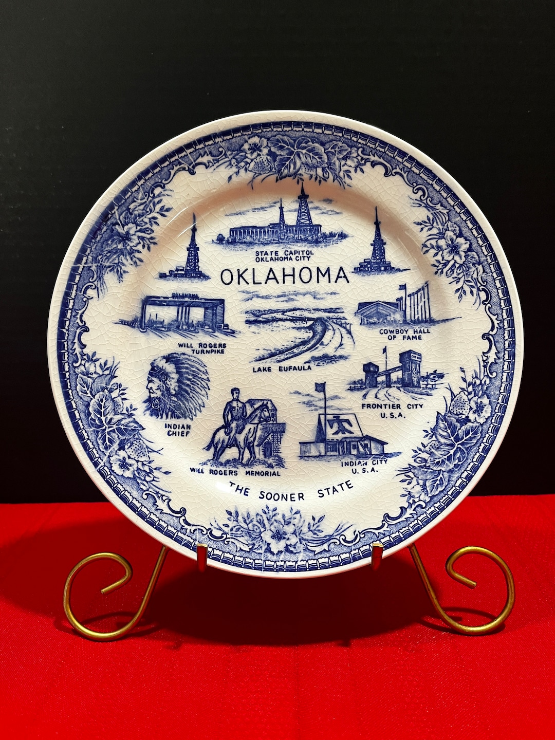 Vintage Oklahoma Souvenir Plate Blue & White Ceramic - Etsy