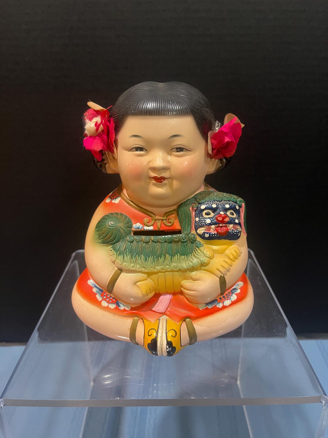 Vintage 50's Hui Shan Foo Baby Clay Chinese Girl Coin Bank With Foo Dog ...